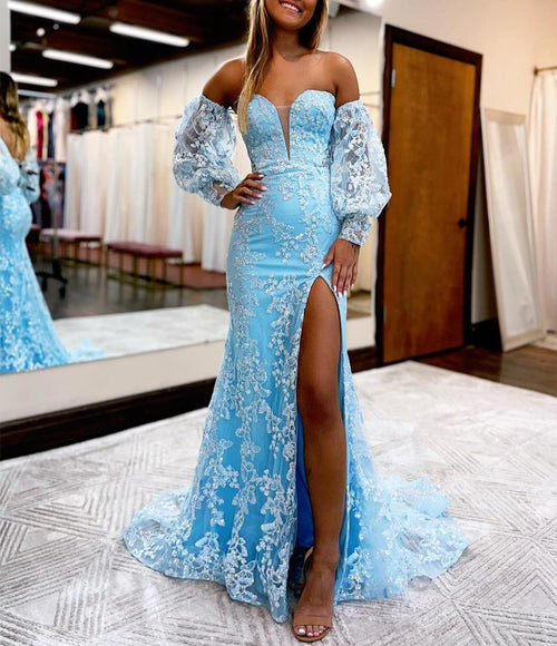 Alexandria Sky Blue Mermaid Sweetheart Lace Prom Dress with Detachable ...