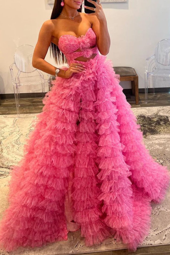 Reyna Pink Ball Gown Sweetheart Pink Tiered Printed Tulle Prom Dress ...