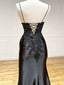 Beatrice Sheath Black Long Appliques Prom Dress with Spaghetti Straps | KissProm