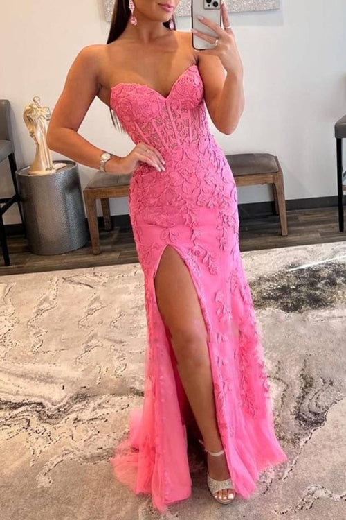 Nyomi Hot Pink Mermaid Strapless Corset Lace Prom Dress with Slit | KissProm