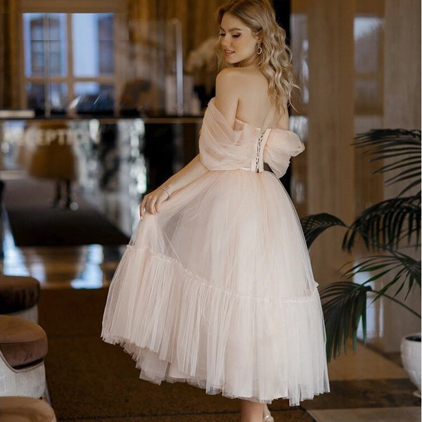 Regina A Line Pink Tulle Tea Length Prom Dress with Pleats and Ruffles ...