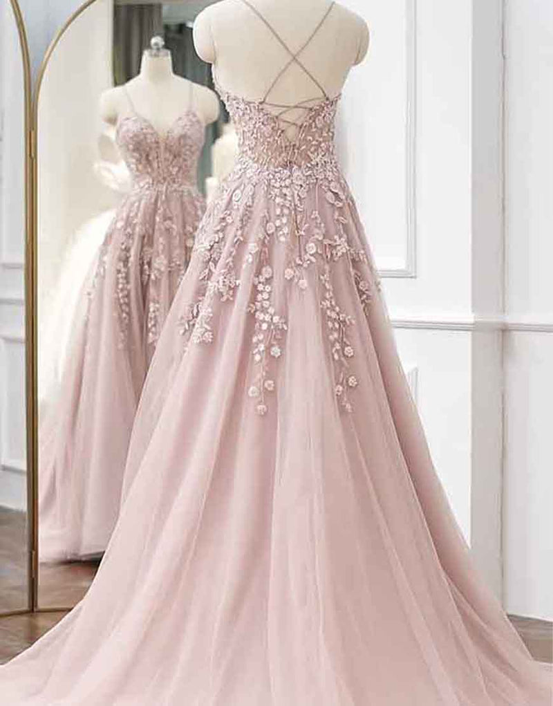 Frances Light Pink A-line Spaghetti Straps Tulle Prom Dress with Appliques