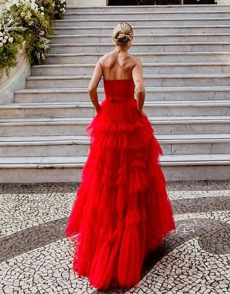 Matilda Red A-Line Strapless Ruffled Tulle Prom Dress | KissProm