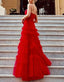 Matilda Red A-Line Strapless Ruffled Tulle Prom Dress